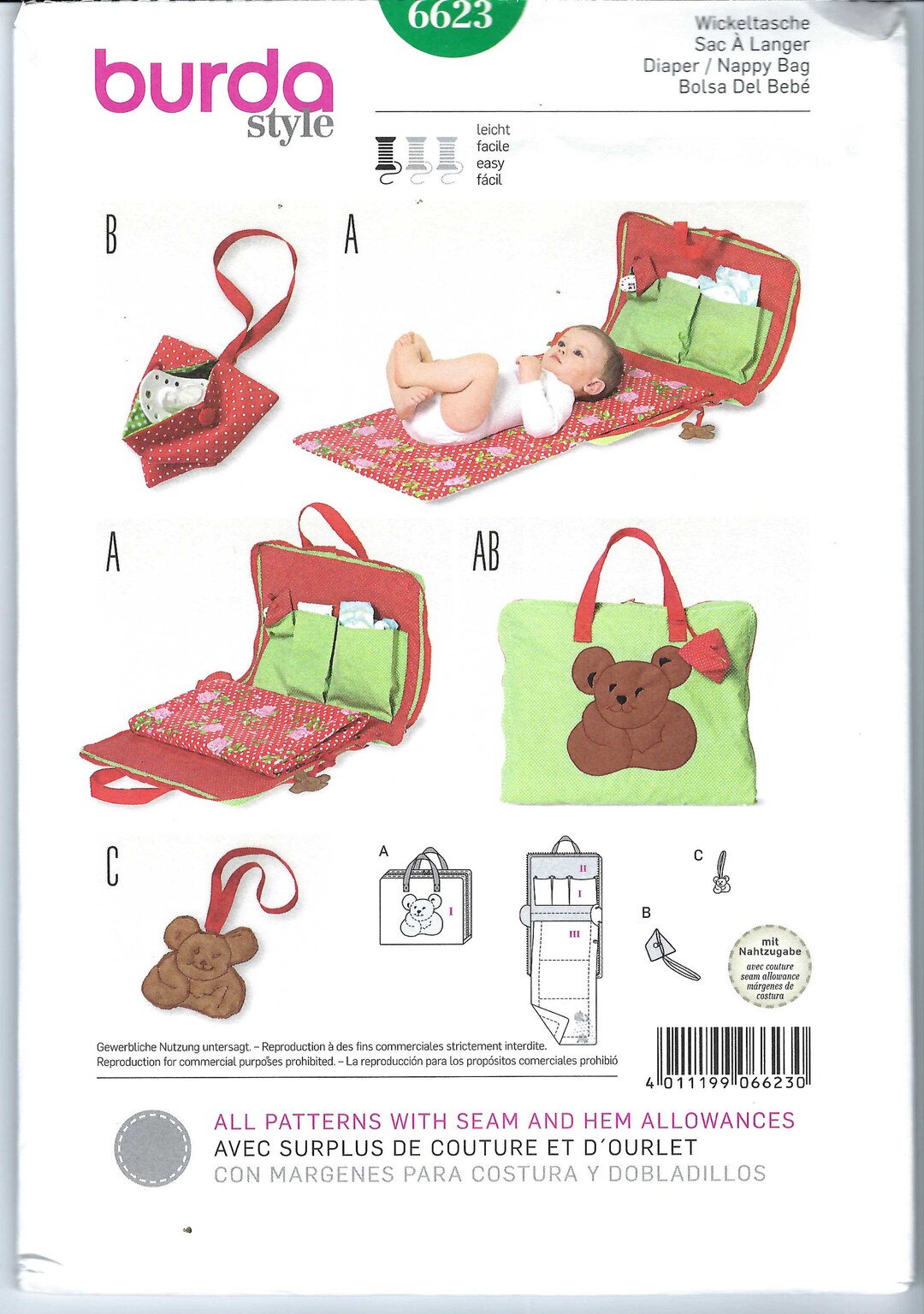 Uncut Burda Style Sewing Pattern 6623 Diaper Nappy Bag Baby Changing ...