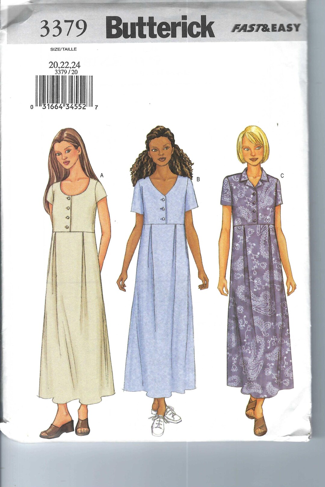 Rare Uncut Butterick Sewing Pattern 3379 Misses Dress Size 20-22-24 FF ...