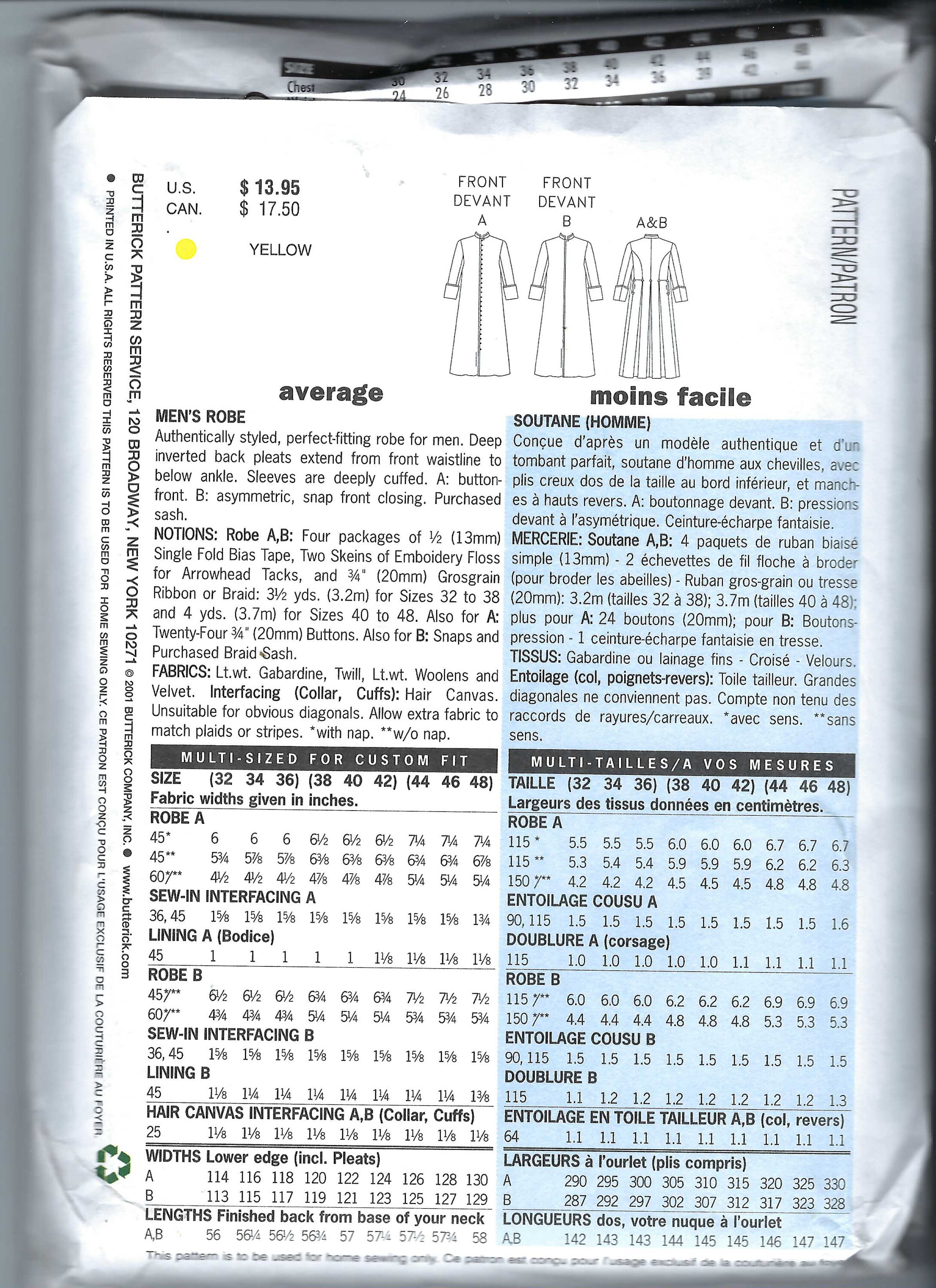Uncut Butterick Sewing Pattern 6844 Priest Clergy Cassock Church Robe ...