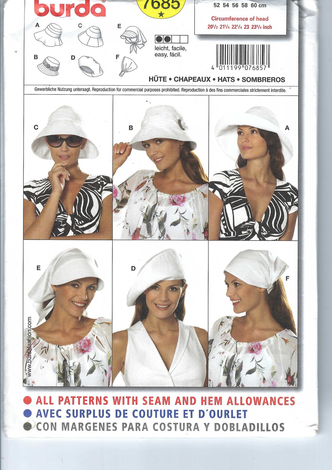 Uncut Burda Sewing Pattern 7685, Size Circumference of Head 20-23 FF - Etsy