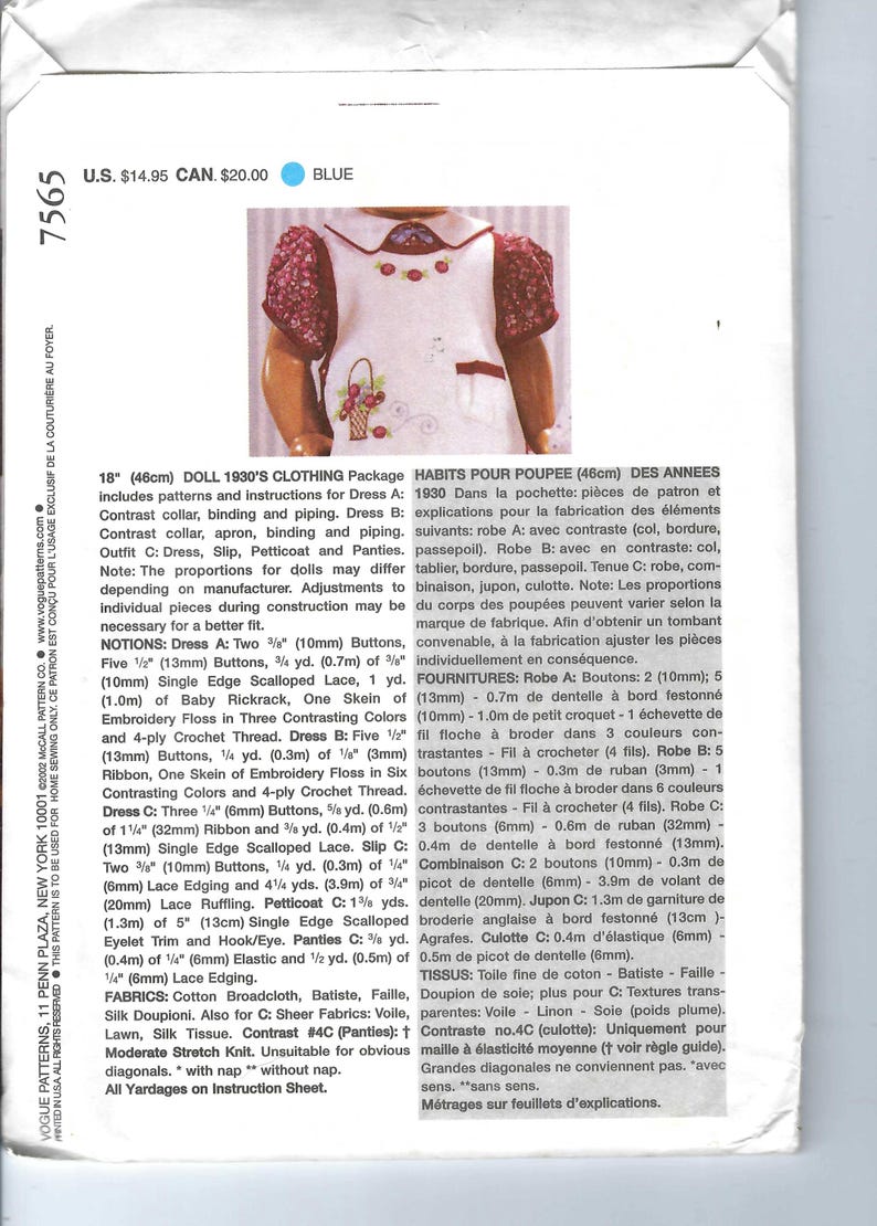 Uncut Vogue Sewing Pattern 7565 18" Doll Wardrobe by Teresa Layman FF ...