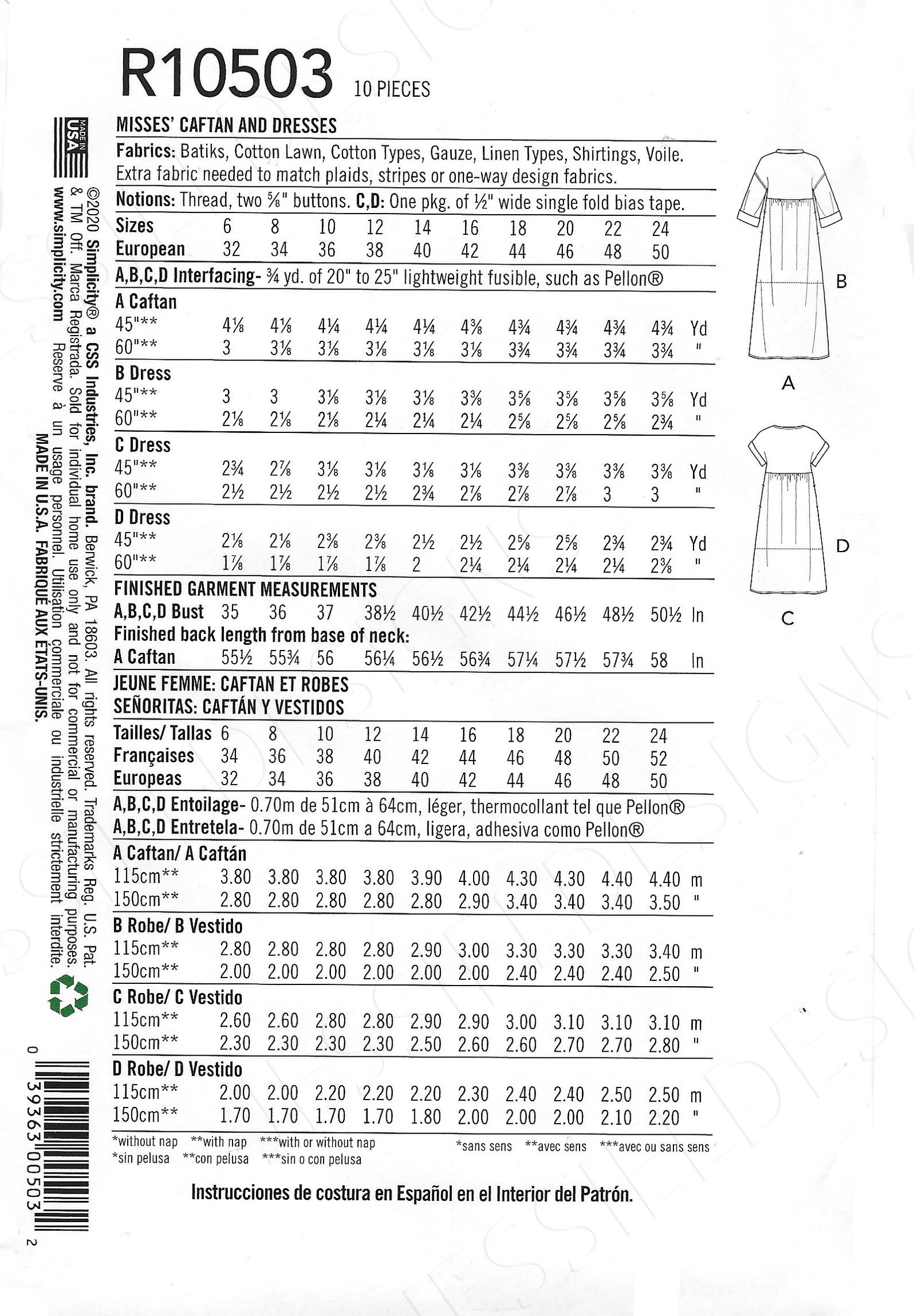 Uncut Simplicity Sewing Pattern 10692 10503 S9102 9102 Misses' Caftan ...