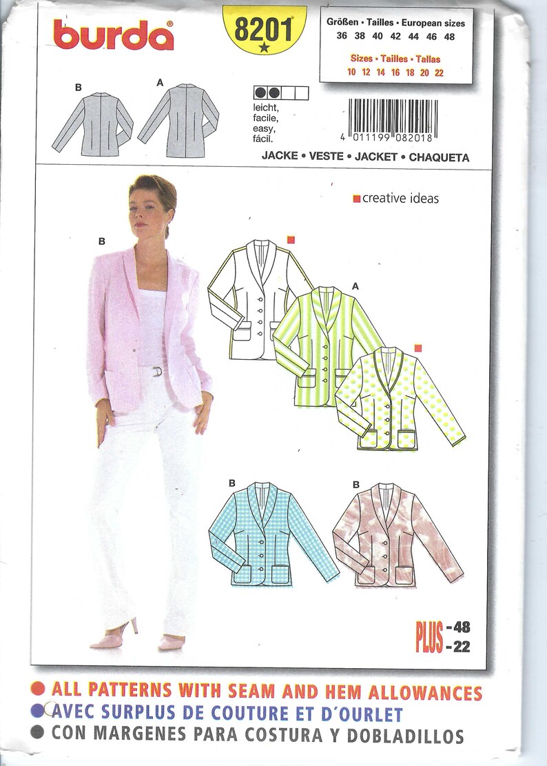 Rare Uncut Burda Style Sewing Pattern 8201 Misses Jacket Size 10-22 FF ...