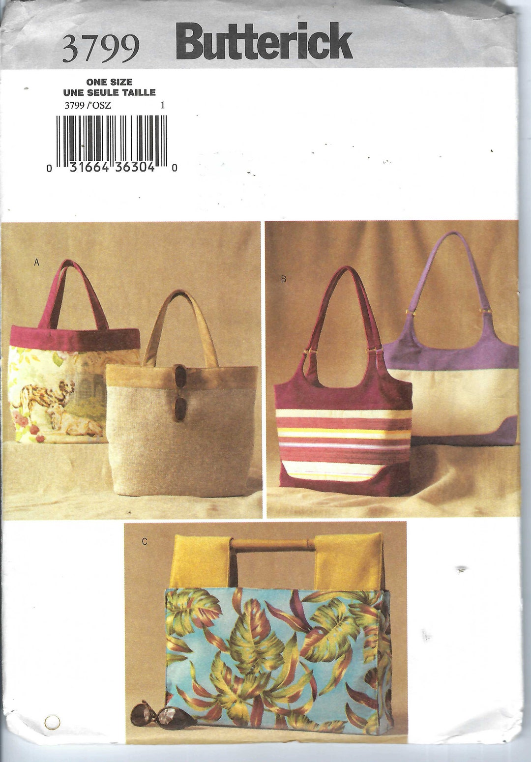 Uncut Butterick Sewing Pattern 3799 148 Tote, Bags, Purse, Accessories ...