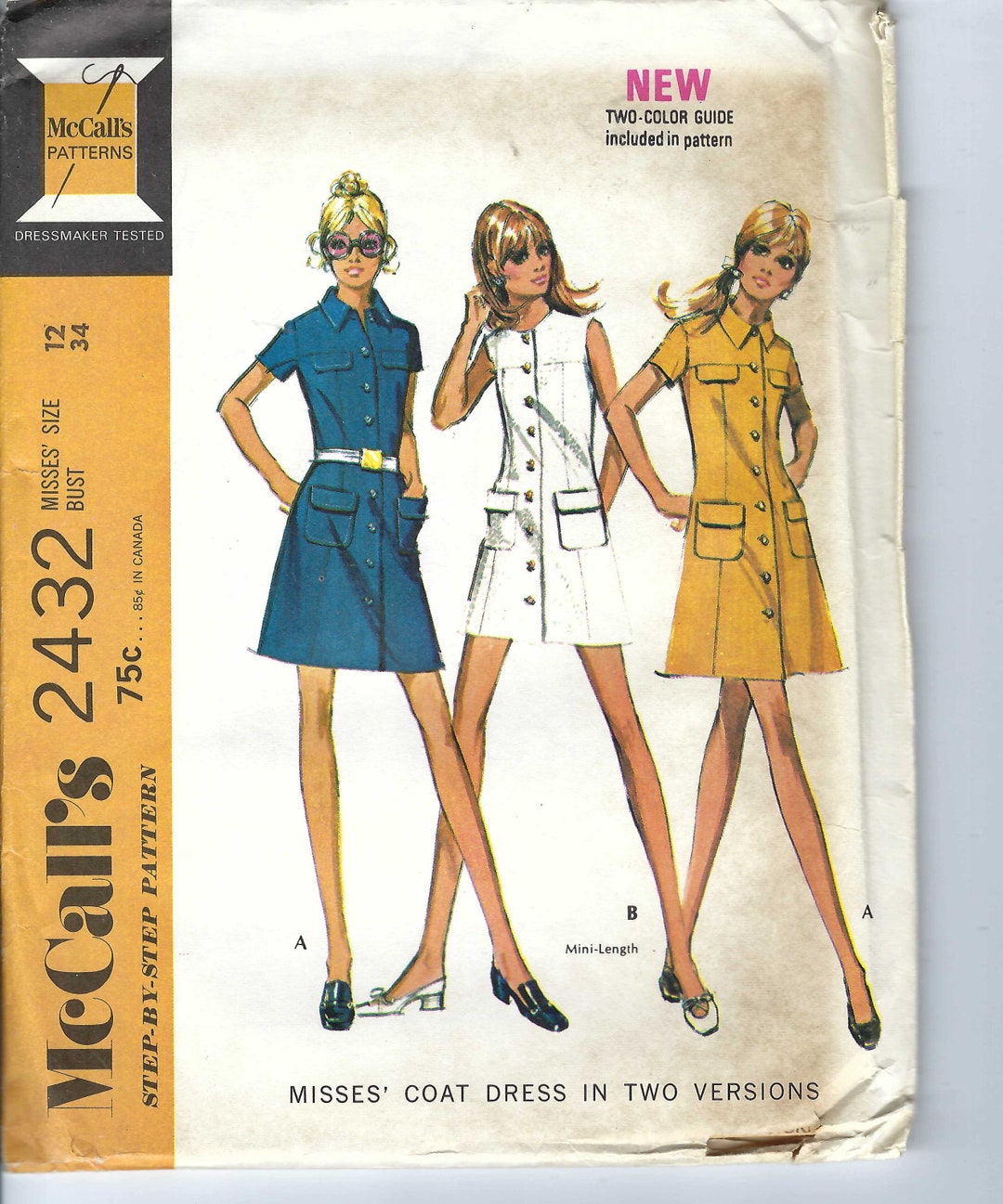 Uncut Vintage Mccalls Sewing Pattern 70s Coat Dress Mini N Abv Knee ...