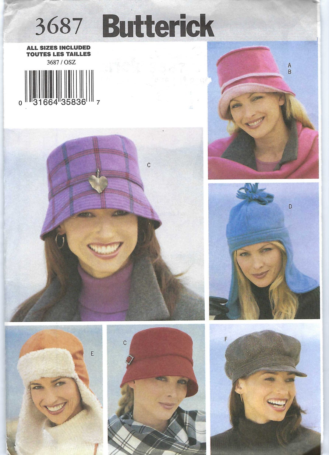 Uncut Butterick Sewing Pattern 3687 HATS Caps and Scarf Sewing Pattern ...