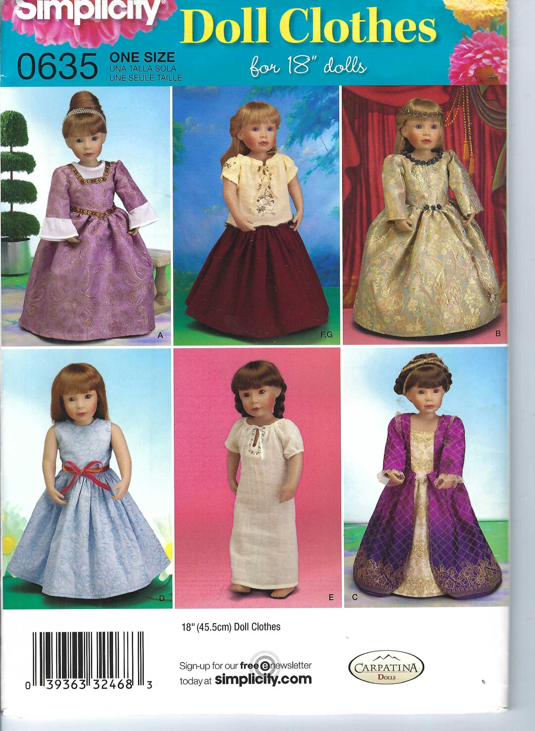Uncut Simplicity Sewing Pattern 635 2768 Renaissance 18 Inch Doll ...