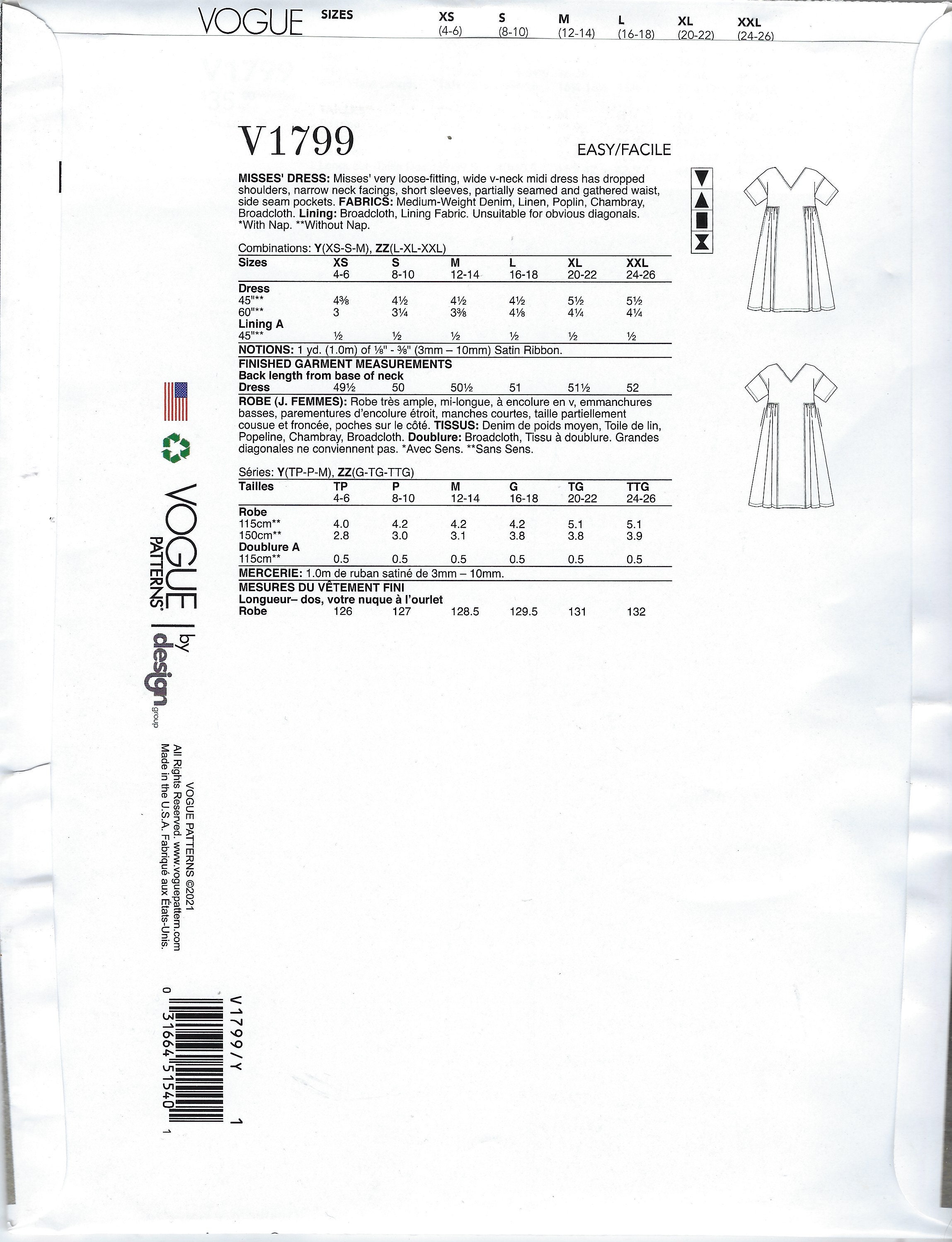 Uncut Vogue Sewing Pattern 1799 Women's Dress, Pullover Dress, Loose ...