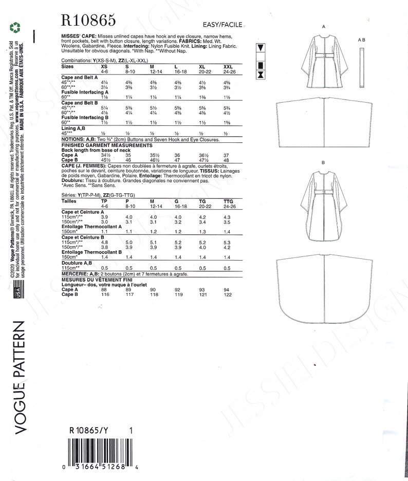 Uncut Vogue Sewing Pattern 10865 1754 Sew Misses' Unlined Capes Front ...