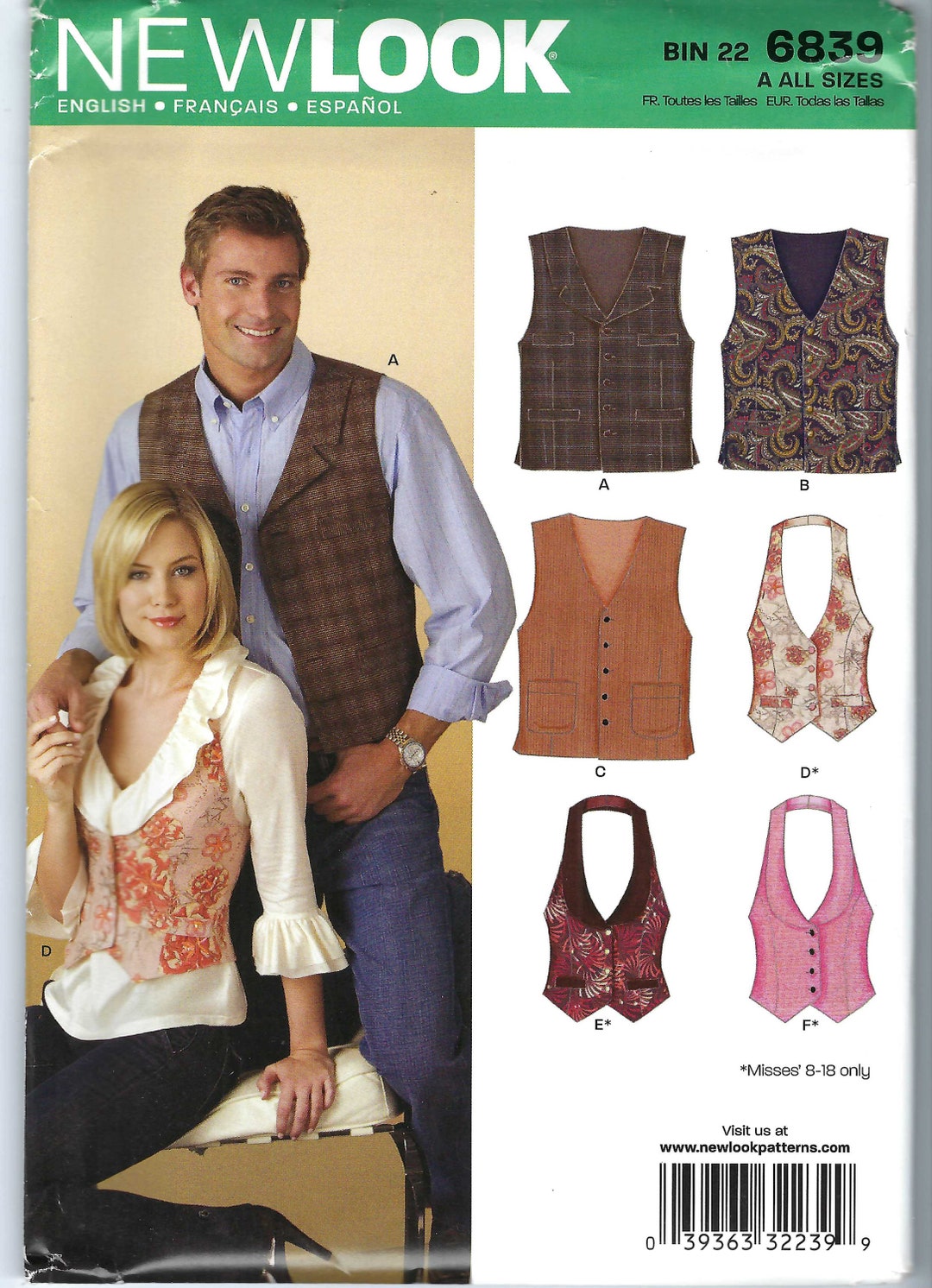 Uncut New Look Sewing Pattern Unisex Vest in Two Styles, New Look ...