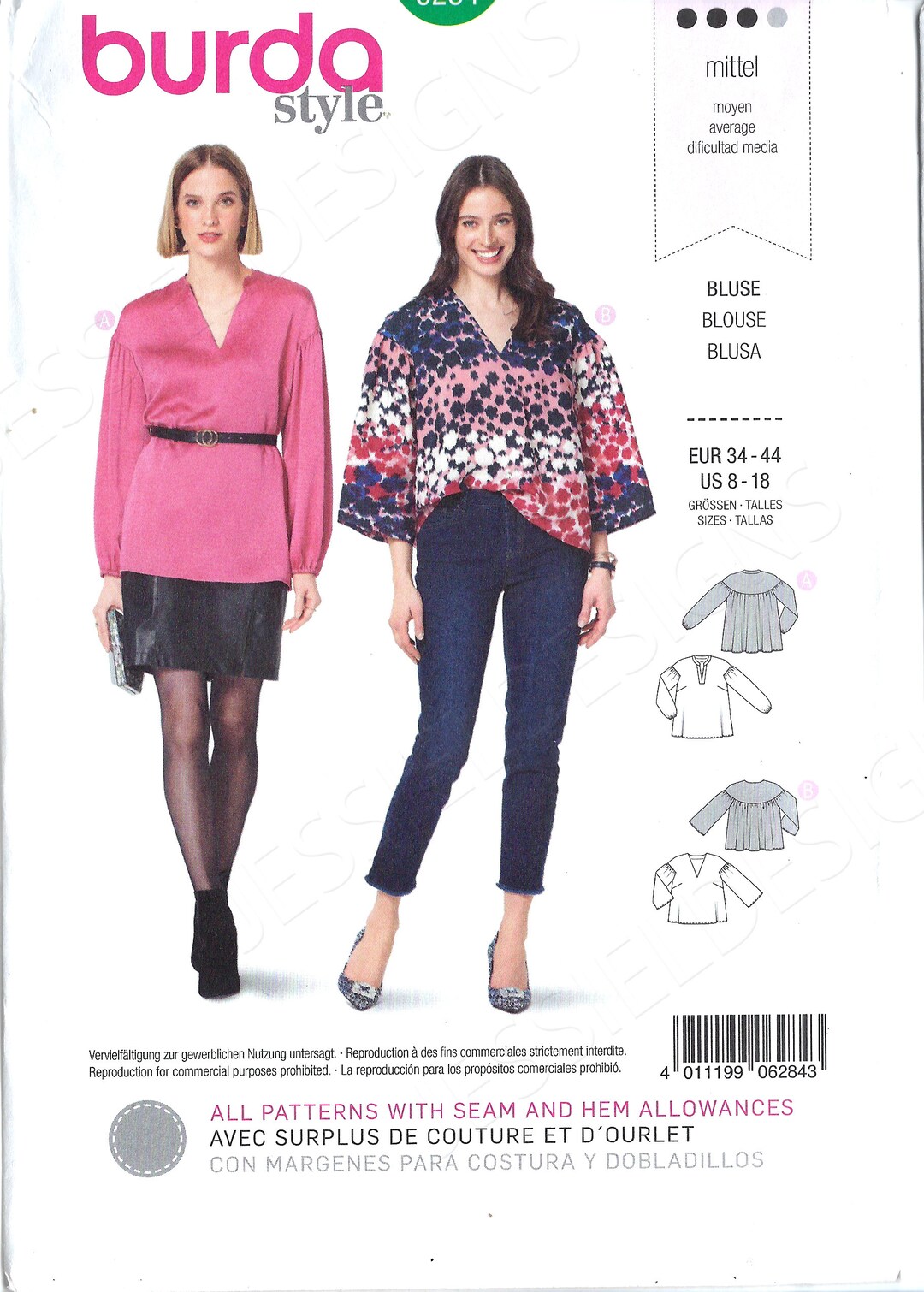 Uncut Burda Style Sewing Pattern 6284 Misses TOP / SHIRT Sz. 8-10-12-14 ...