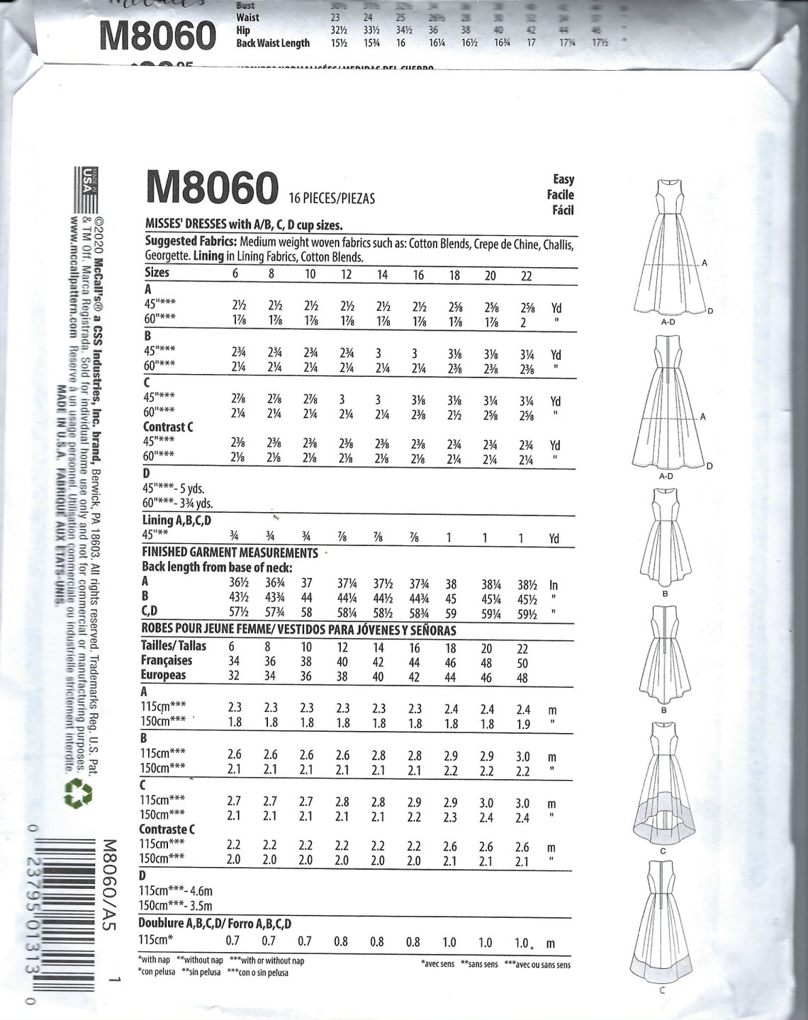 Uncut Mccall Sewing Pattern 8060 Dress MISSES SIZES 6 8 10 12 | Etsy