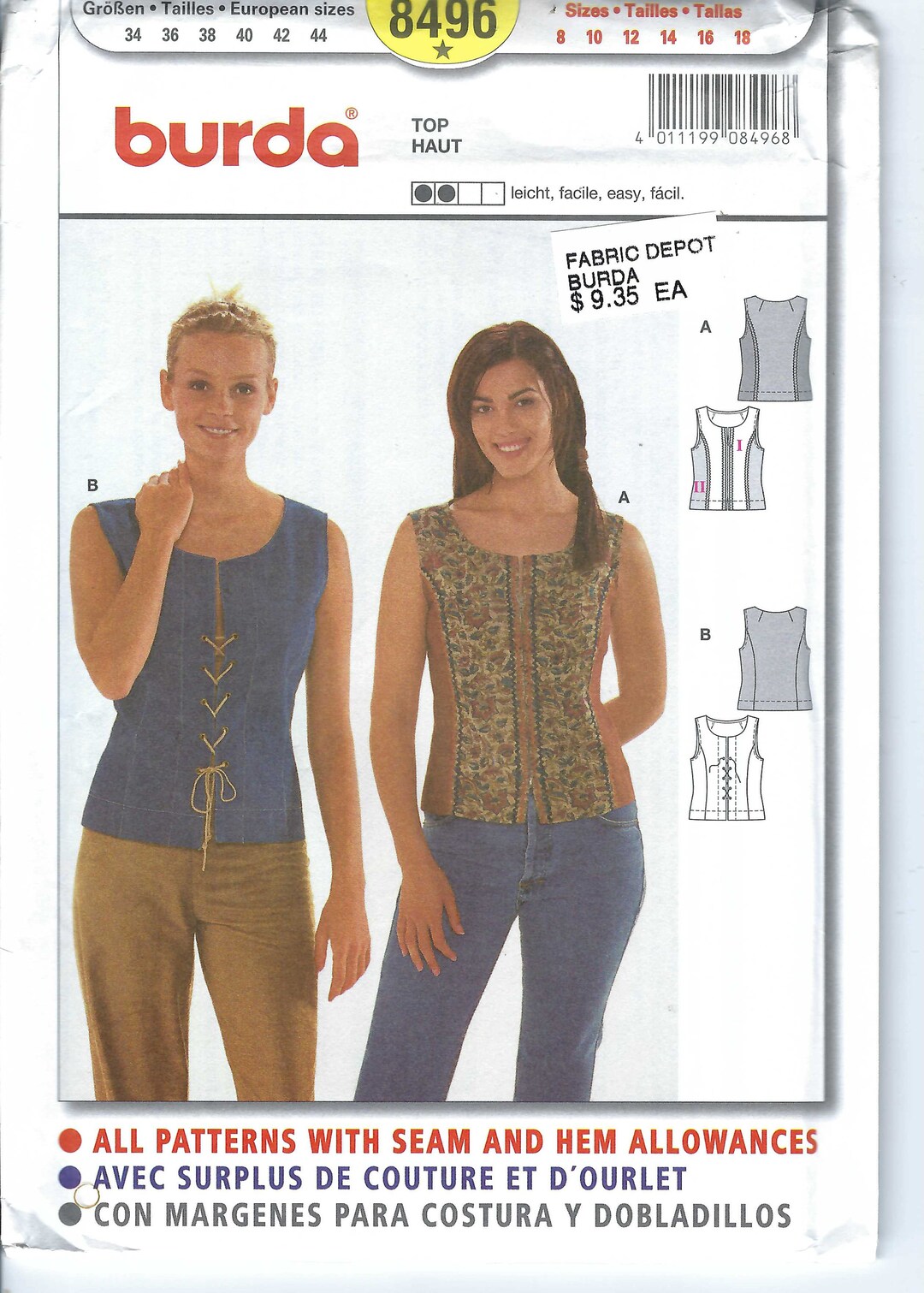 Uncut Burda Style Sewing Pattern 8496 Misses Tops Sizes 8-18 FF - Etsy