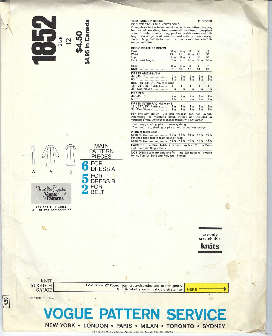 Rare Uncut Vintage Vogue Sewing Pattern 1852 Misses Dress Size - Etsy