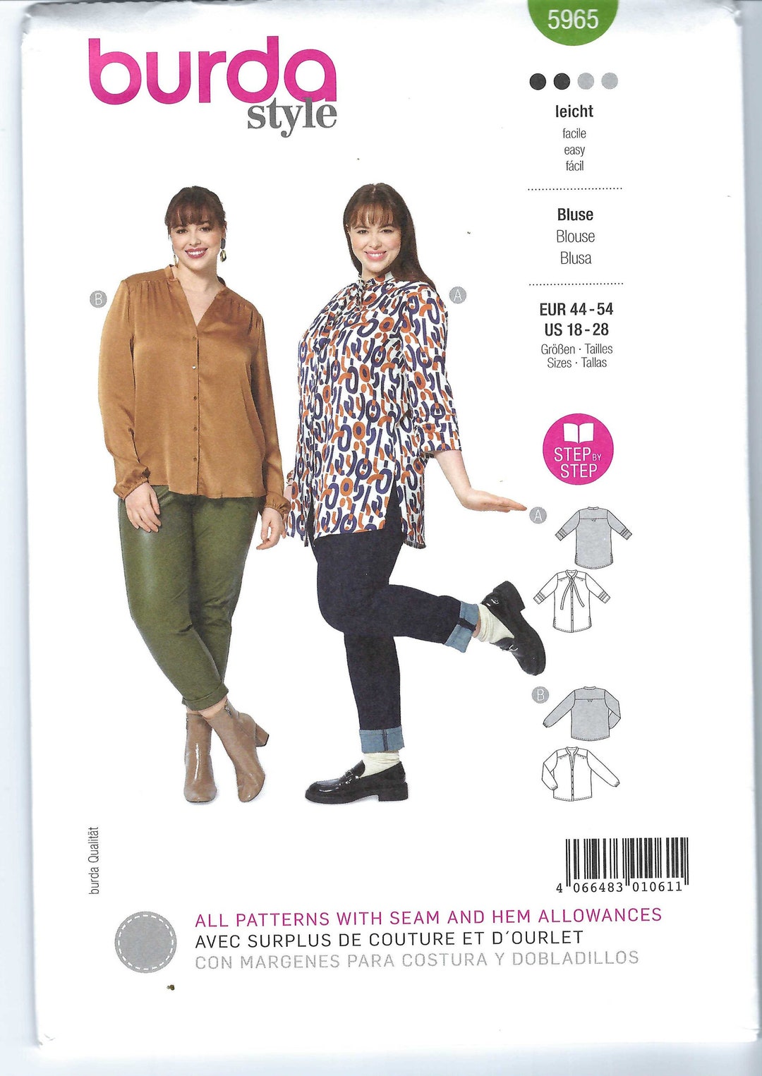Uncut Burda Style Sewing Pattern 5965 - Blouse – With Shoulder Fit and Stand-up Collar Size 18 ...