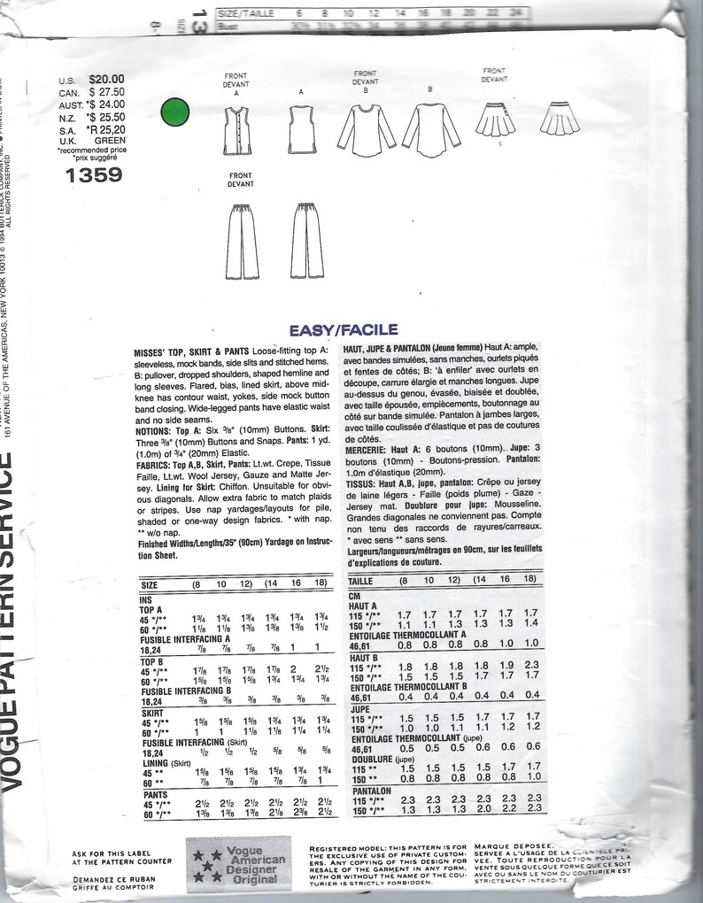 Uncut Vogue Sewing Pattern 1359 Sewing Pattern Sz 8-10-12 - Etsy