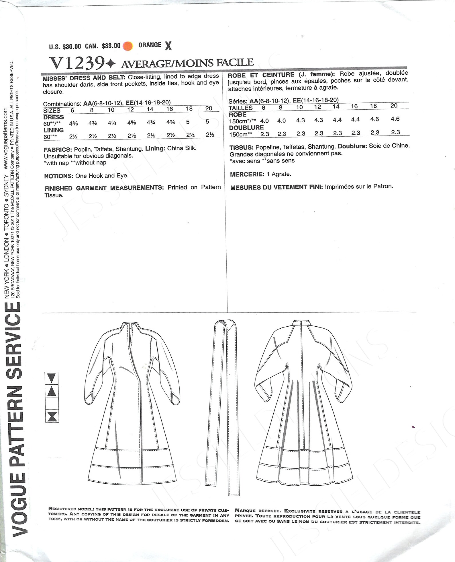 Uncut Vogue Sewing Pattern 1239 CHADO RALPH Rucci Misses Dress Belt ...