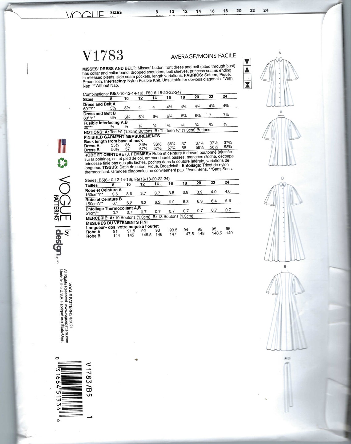 Uncut Vogue Sewing Pattern Women's Dress, Button Front Dress, Maxi ...