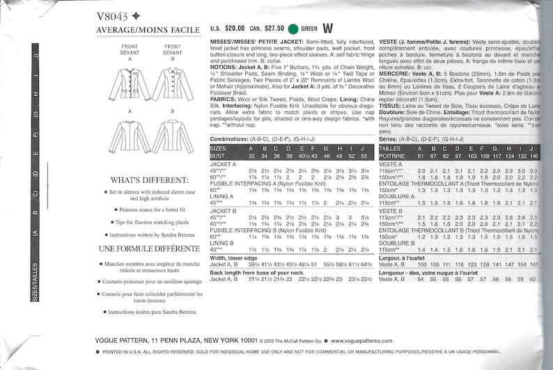 Rare Uncut Vogue Sewing Pattern 8043 Misses Jacket Size A-B-C D-E-F FF ...