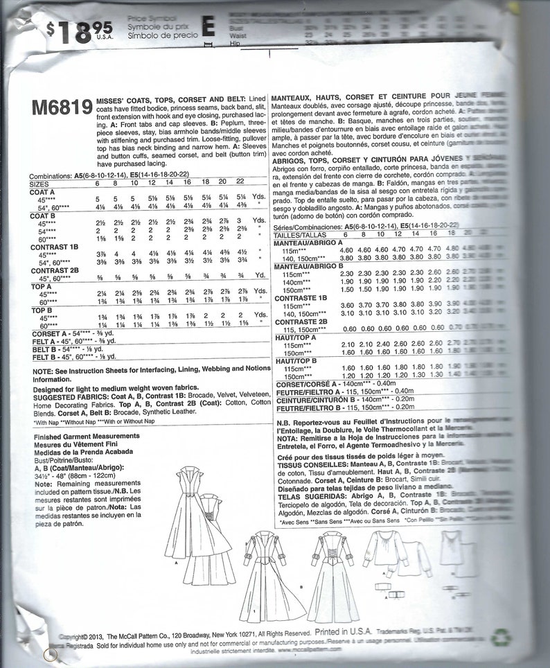 Uncut Mccalls Sewing Pattern 6819 Ren Faire Gothic,space Outfit, Coat ...