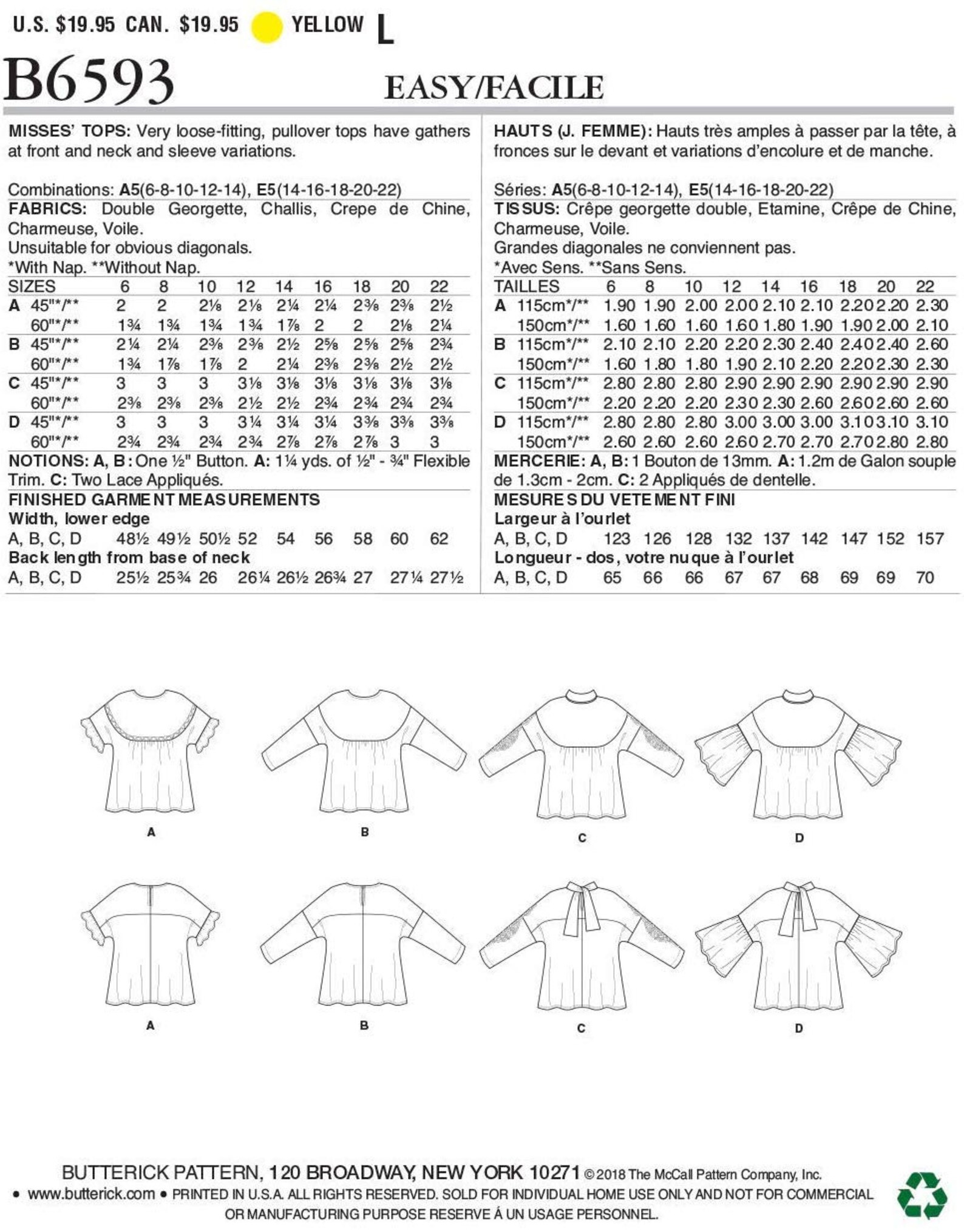 Uncut NEW Pattern BUTTERICK 6593 Misses Pullover Tops With - Etsy