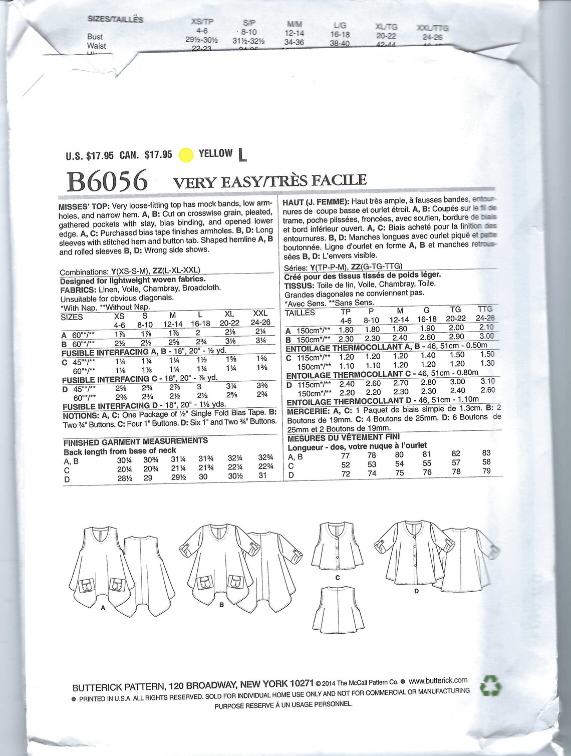 Fast & Easy to Sew Tops Sizes Xs-m L-XL-XXL Butterick 6056 | Etsy
