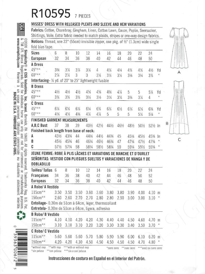 Uncut Simplicity Sewing Pattern 10595 9134 Misses' Released Pleat Dress ...