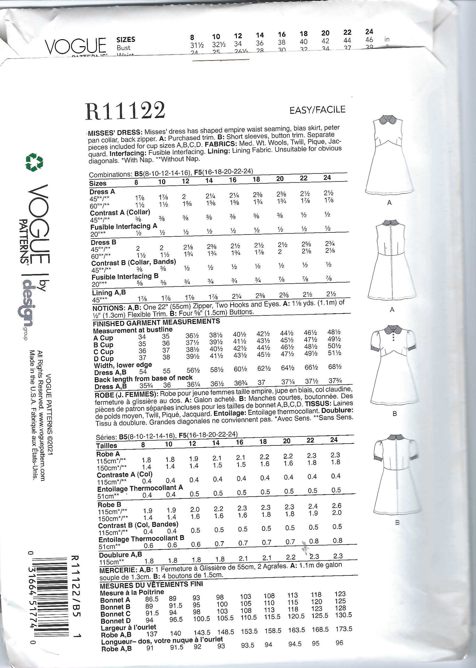 Uncut Vogue Sewing Pattern 11122 1822 Misses' Dress Size 8-16 16-24 FF ...