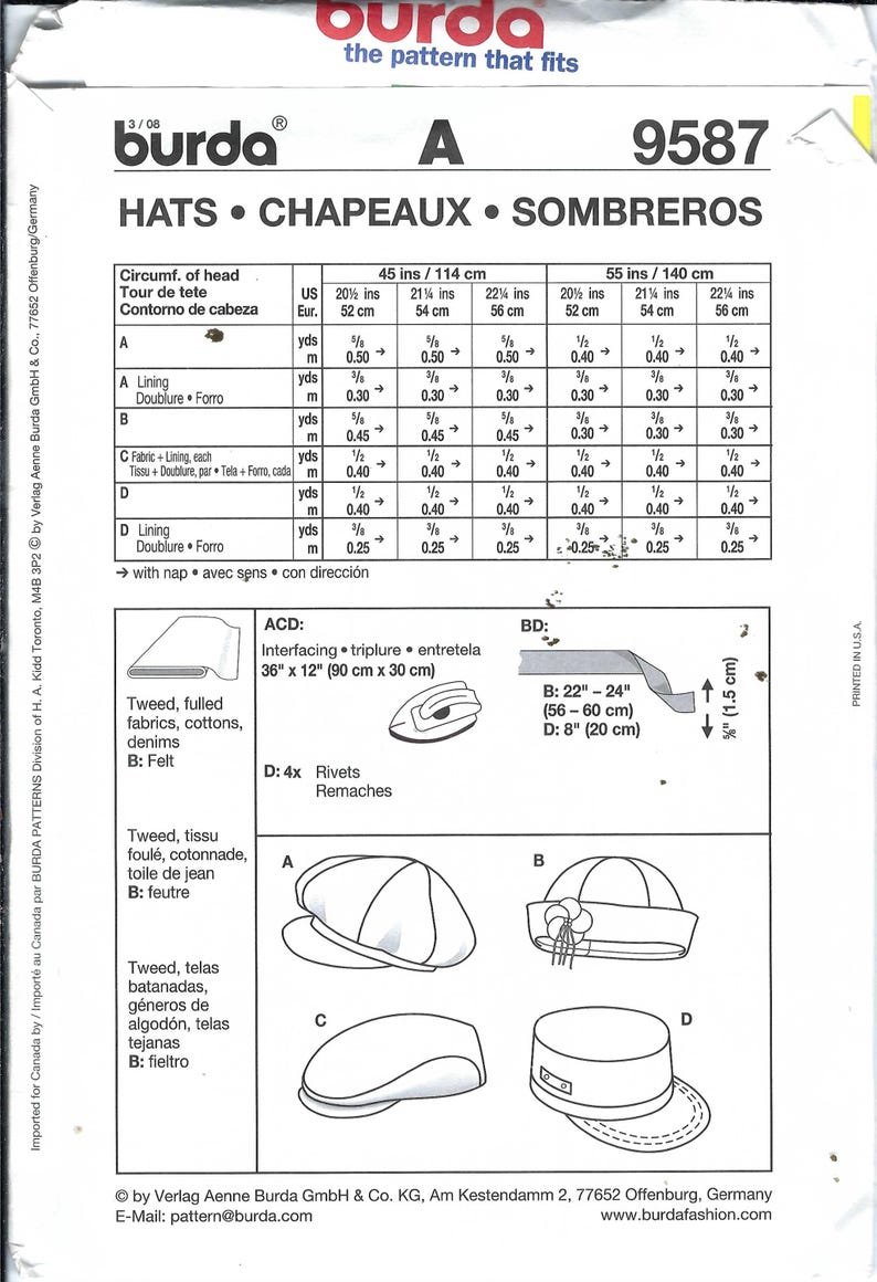 Uncut Burda Sewing Pattern 9587 Kid's Hat Cap With 4 Variations - Etsy
