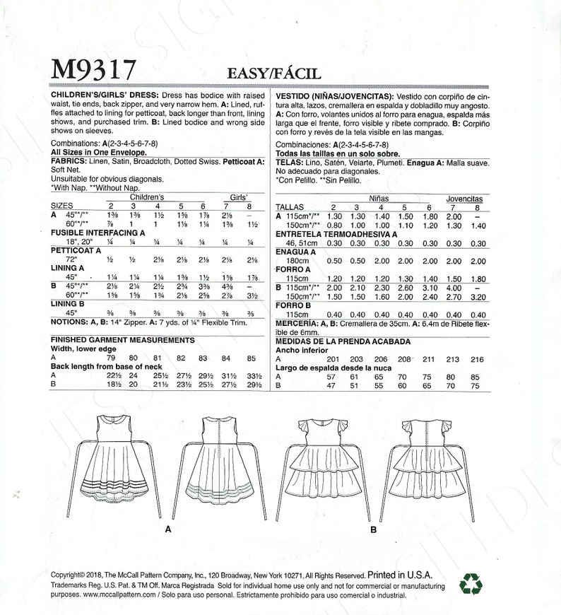 Uncut Mccalls Sewing Pattern Pattern 9317 Children Girls Dress and Belt ...