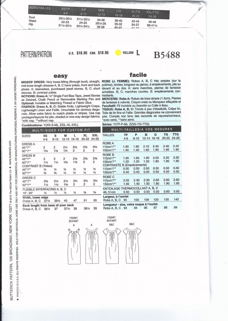 Uncut Butterick Sewing Pattern 5488 Misses' Dress Size Extra Small ...