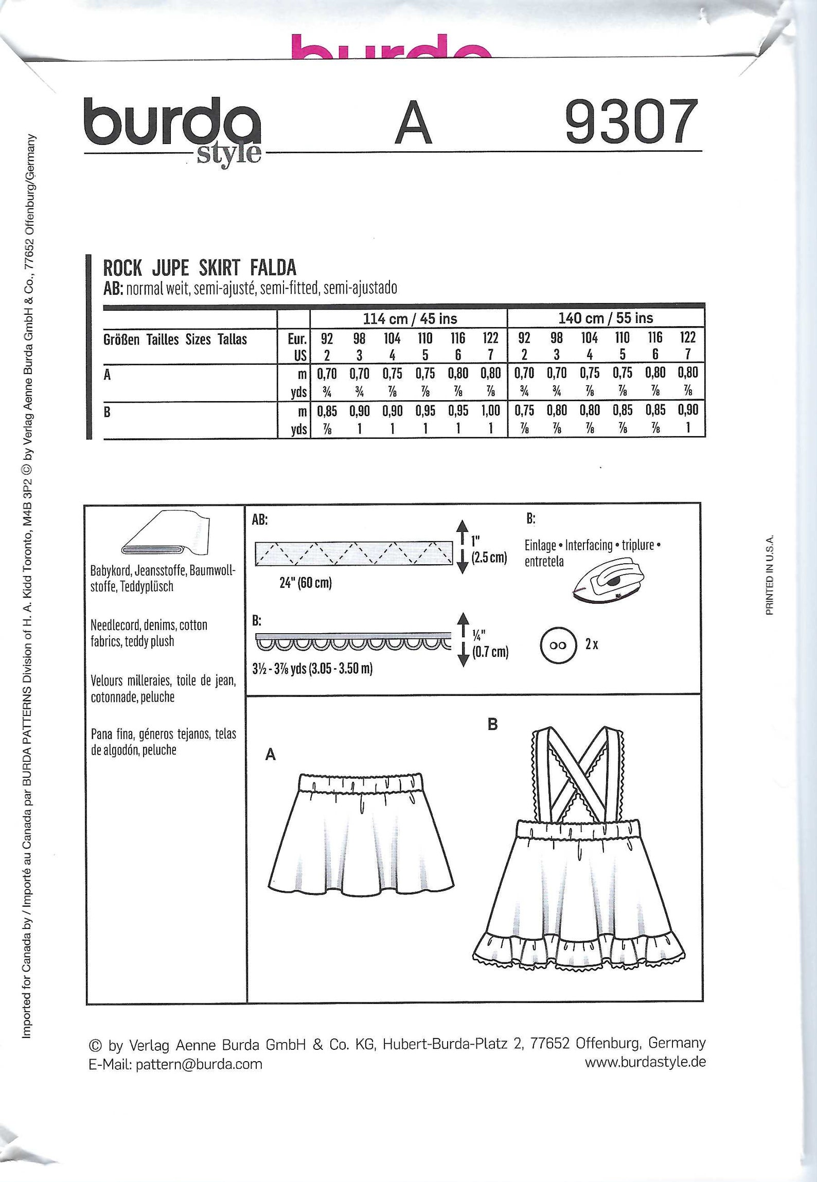 Uncut Burda Style Sewing Pattern 9307 Girl Rock Skirt Size 2-7 FF - Etsy