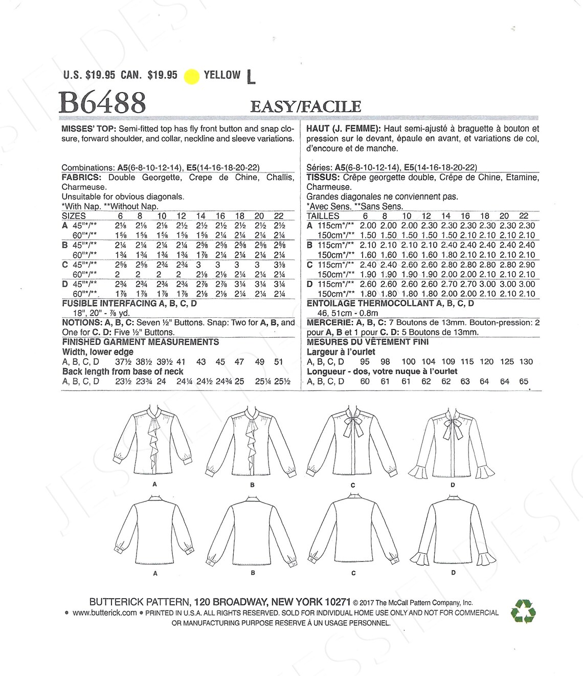 Uncut Butterick Sewing Pattern 6488 Misses' Tops With | Etsy