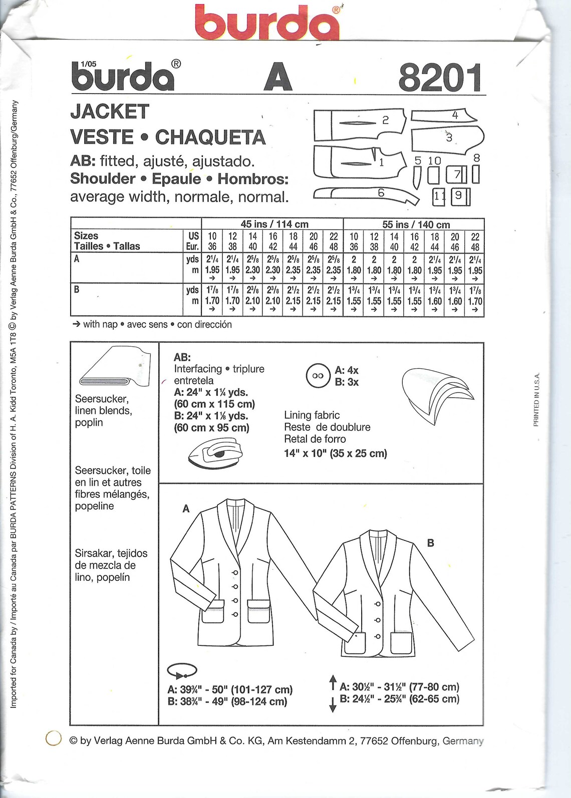 Rare Uncut Burda Style Sewing Pattern 8201 Misses Jacket Size 10-22 FF ...