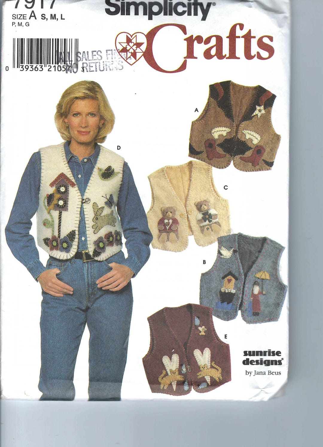 Uncut Vintage Simplicity Sewing Pattern 7917, Misses Vests, Seasonal Appliques, Sizes Small to ...