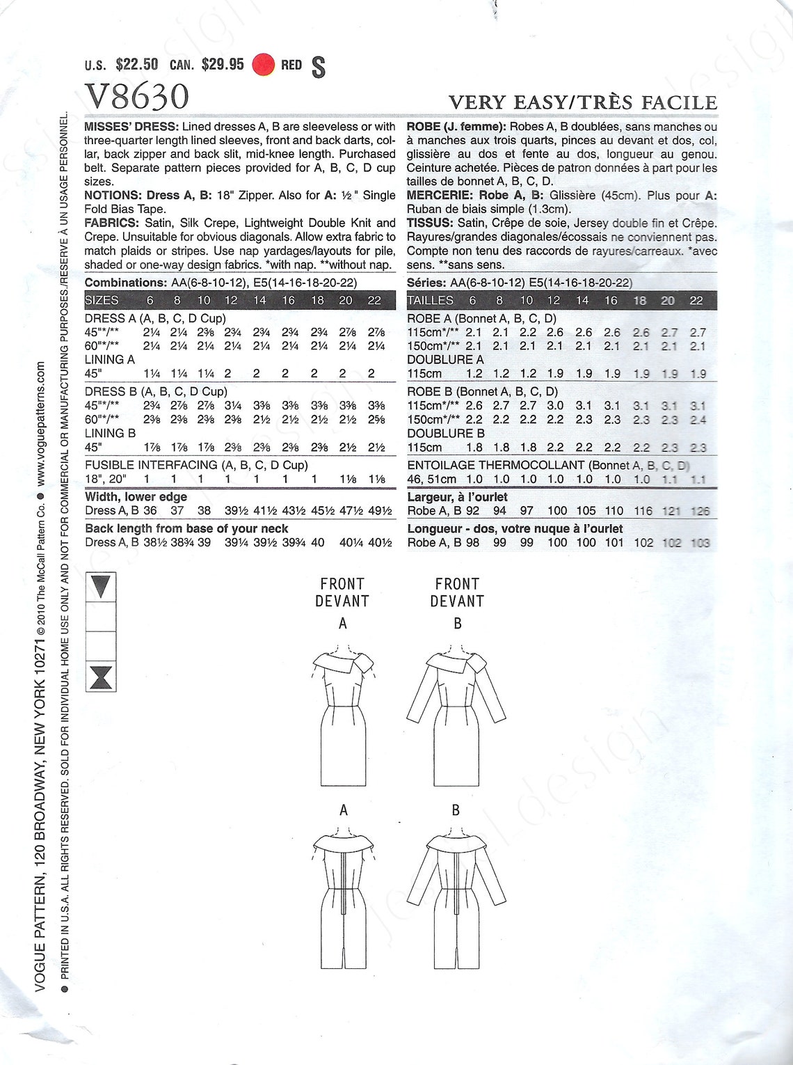 Uncut Vogue Sewing Pattern 8630 Misses' Portrait Collar Dresses Size 6 ...