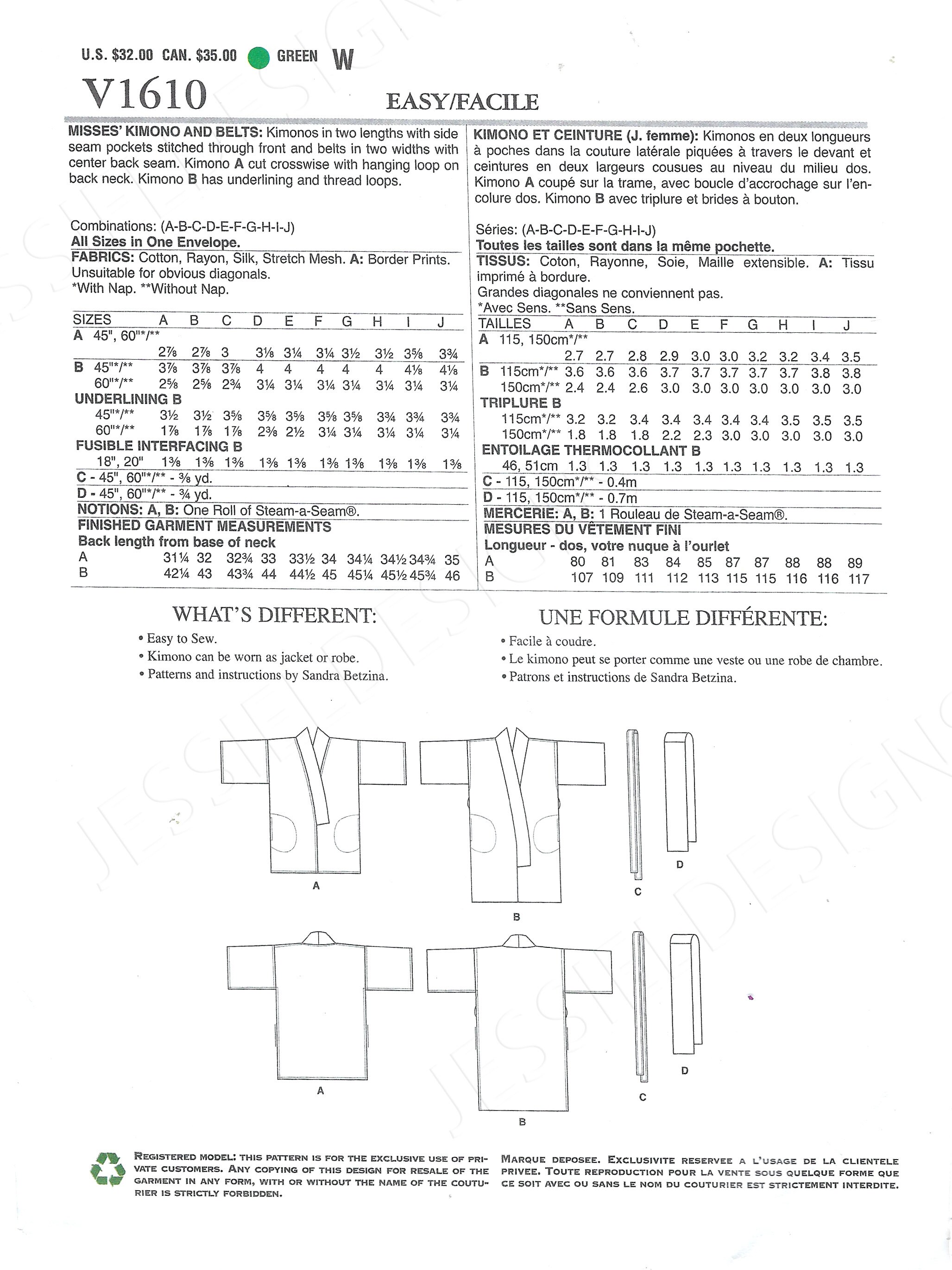 Uncut Vogue Sewing Pattern Vogue V1610 1610 One Size S. Betzina ...