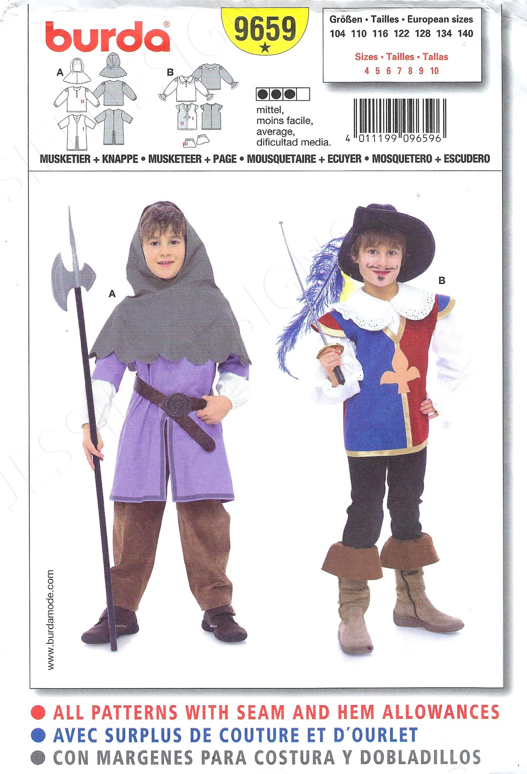Uncut Burda Sewing Pattern 9659 Pattern Boy's Three Musketeers and ...