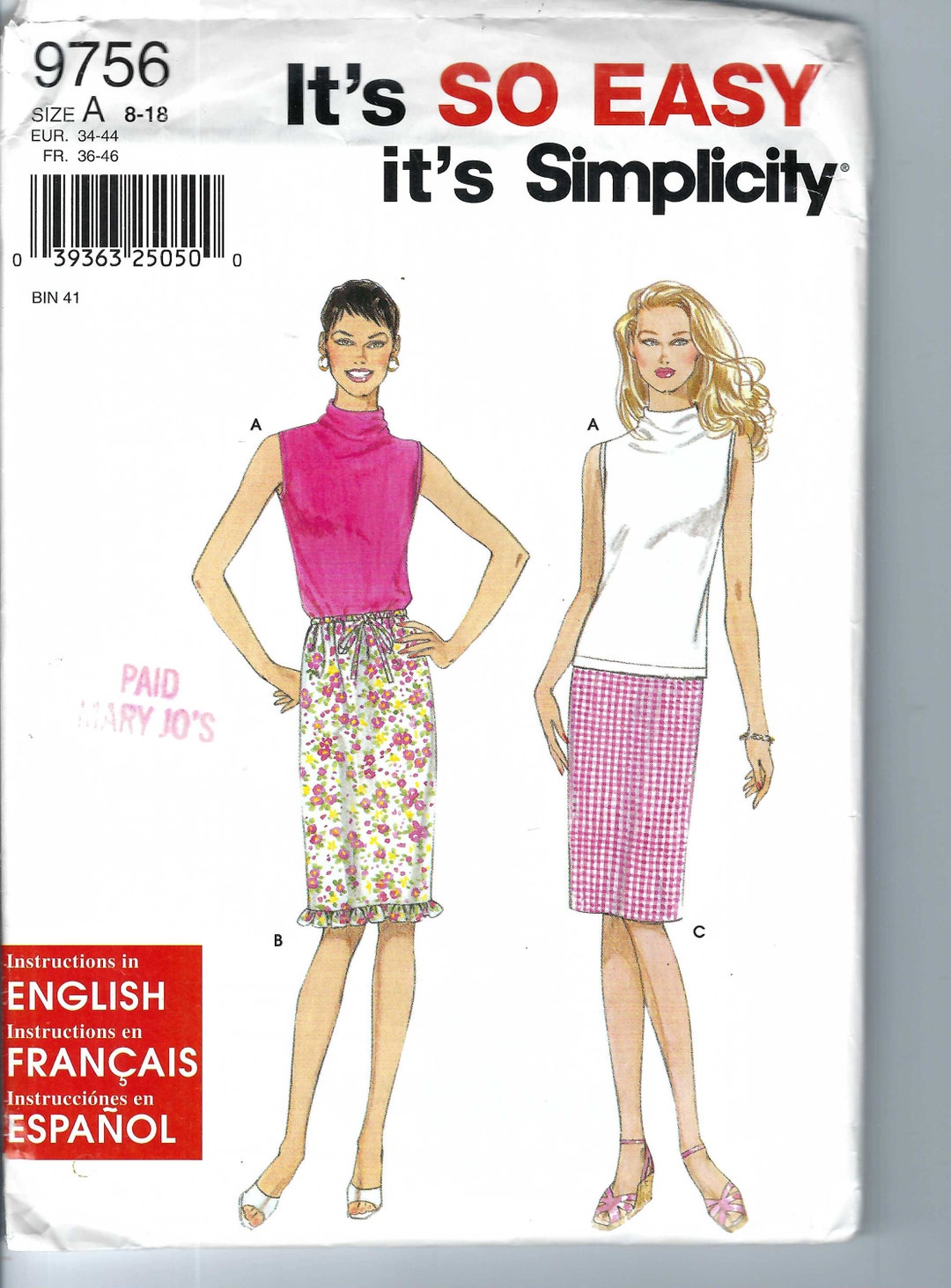 Uncut Vintage Simplicity Sewing Pattern 9756 SKIRT in 2 Lengths & TOP ...