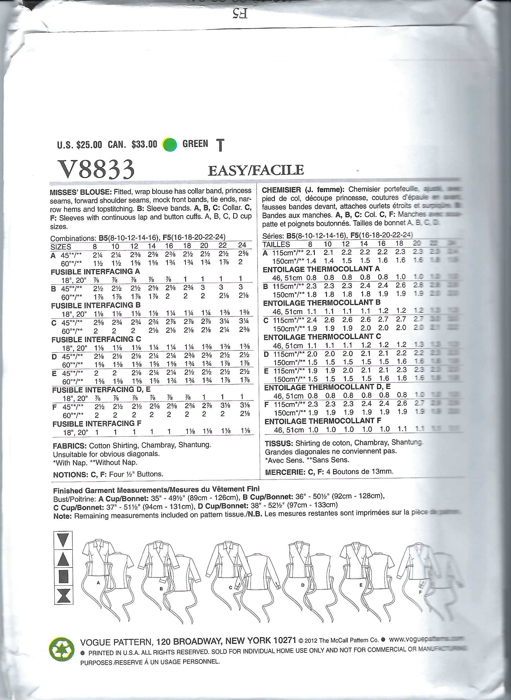 Uncut Vogue Sewing Pattern Easy Fitted Wrap Blouse Pattern - Princess ...