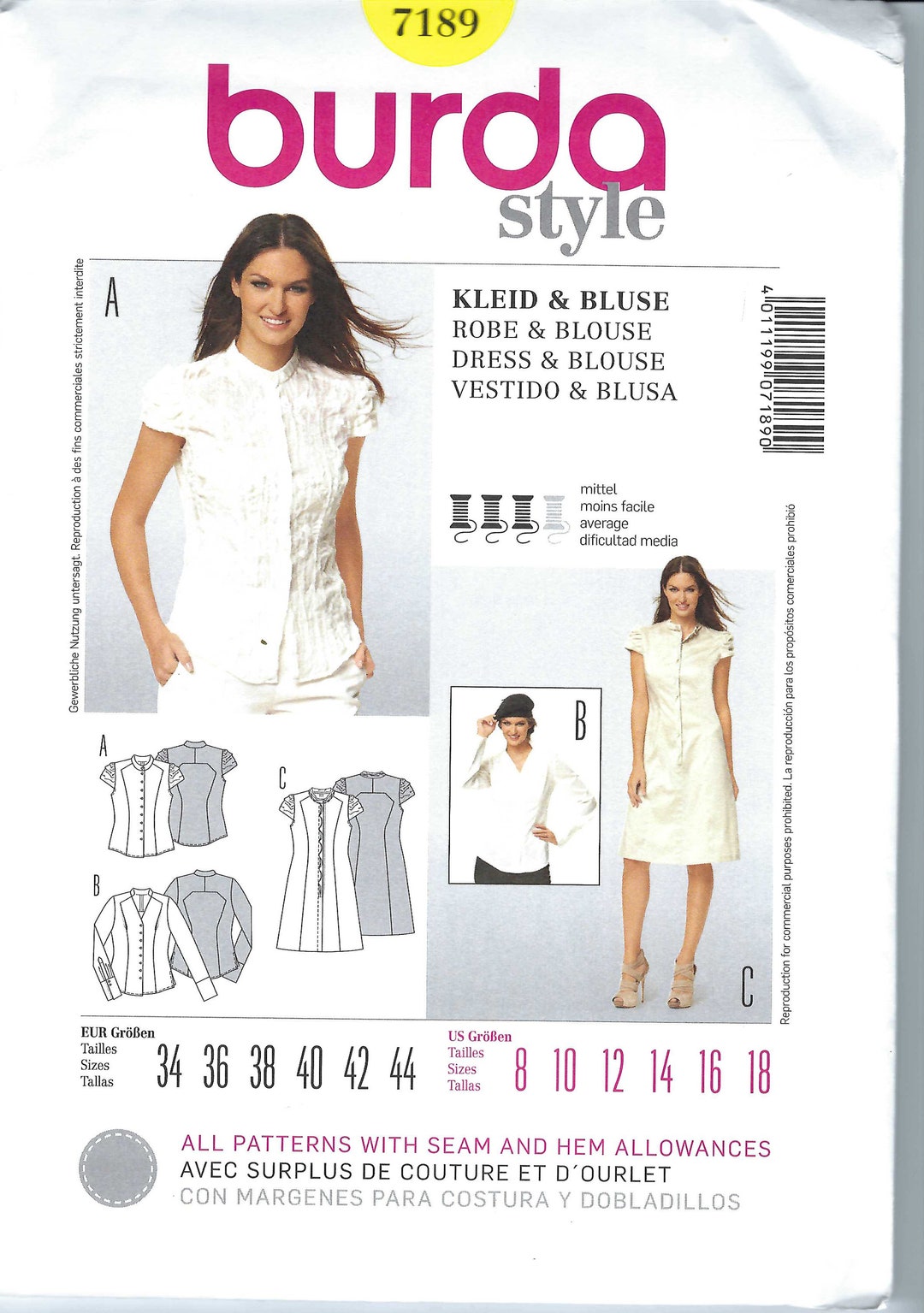 Uncut Burda Sewing Pattern 7189 Semi Fitted Below Hip Length Blouse ...