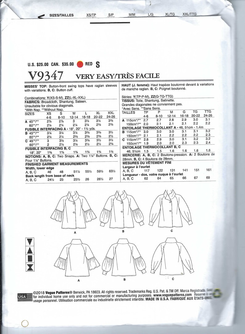 Uncut Vogue Sewing Pattern 9347 Misses' Top Size Xs-s-m L-xl-xxl FF ...