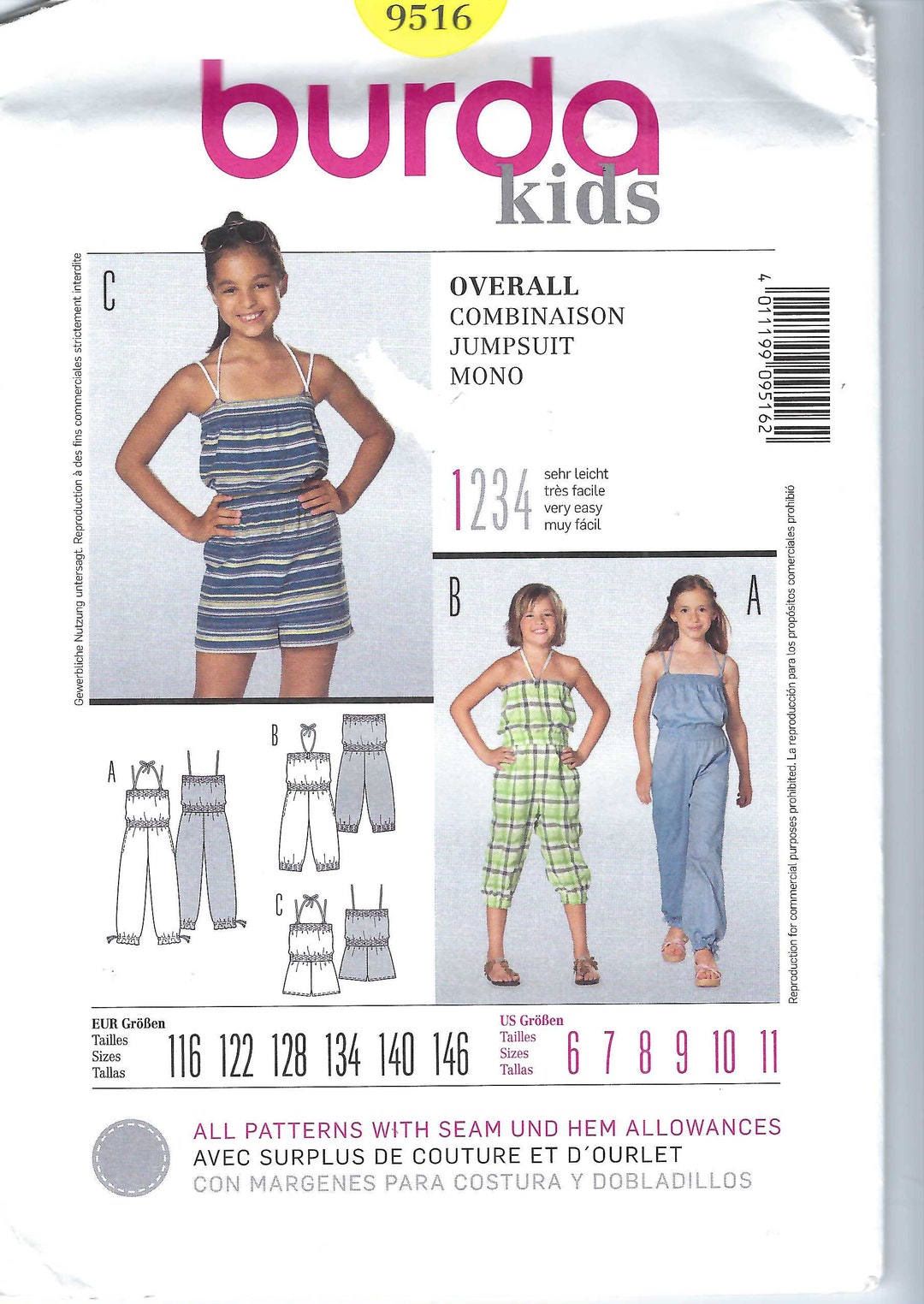 Uncut Burda Pattern Sewing Pattern 9516, Jumpsuit, Jumpsuit Size 6-11 ...