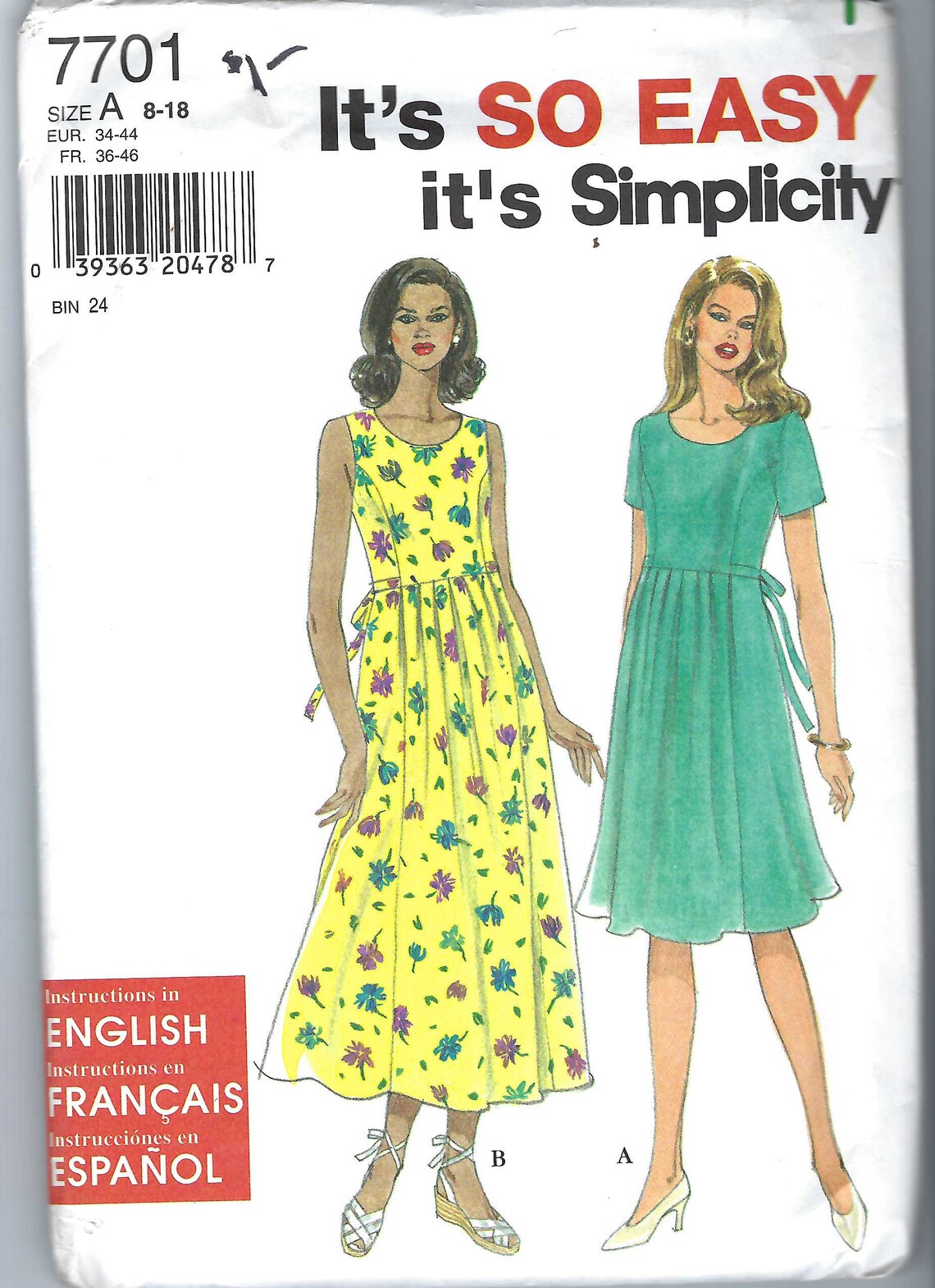 Uncut Vintage Simplicity Sewing Pattern 7701 Misses Dress Size 8-18 FF ...