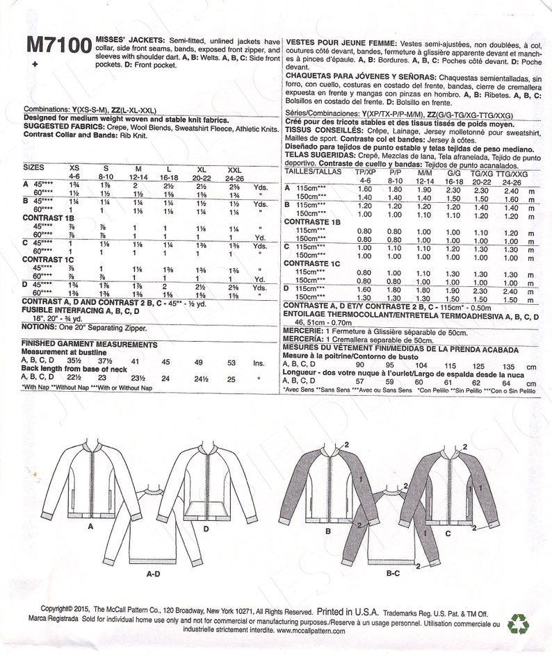 Uncut Mccall's Sewing Pattern 7100 for Womens Zip Front | Etsy