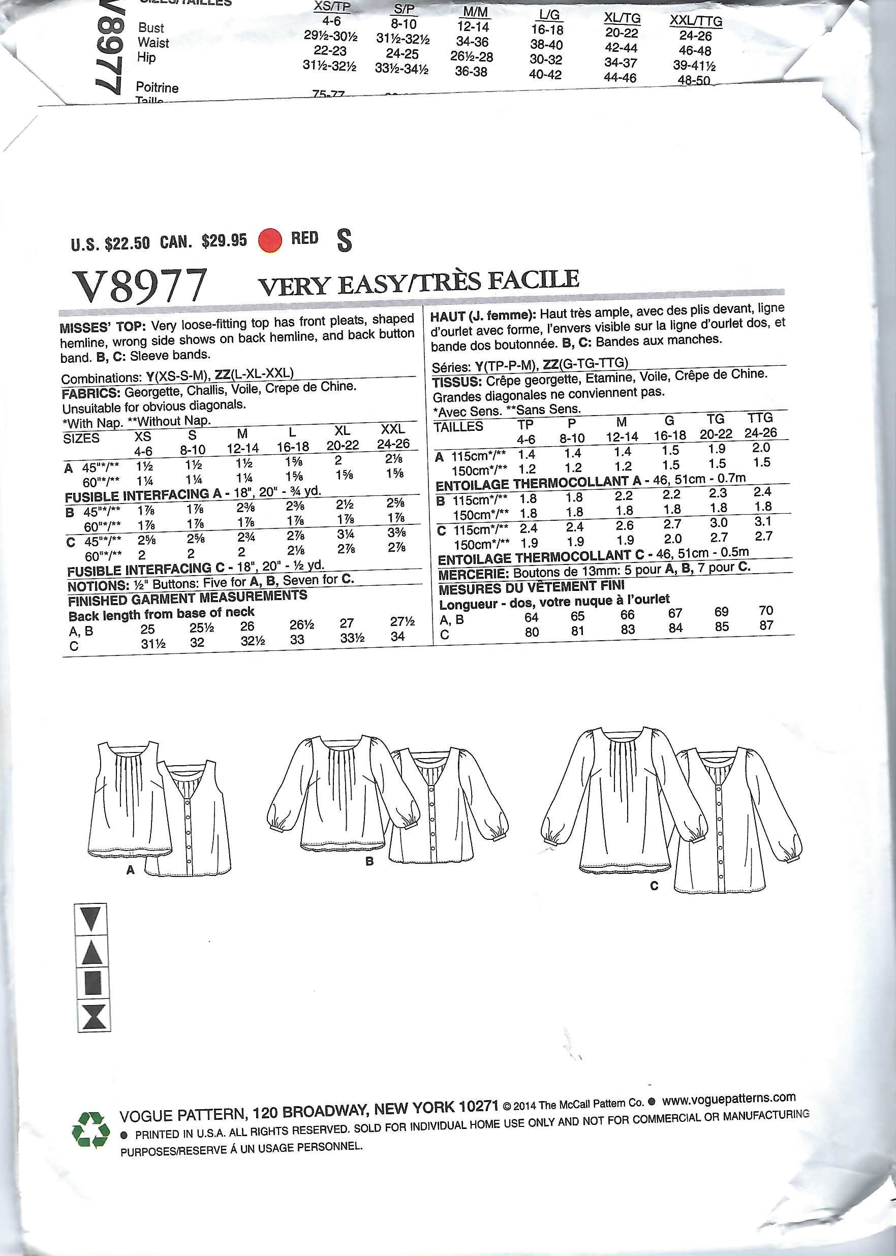 Uncut Vogue Sewing Pattern 8977 Loose Ftting TOPS Size XS-M L-xl-xxl FF ...