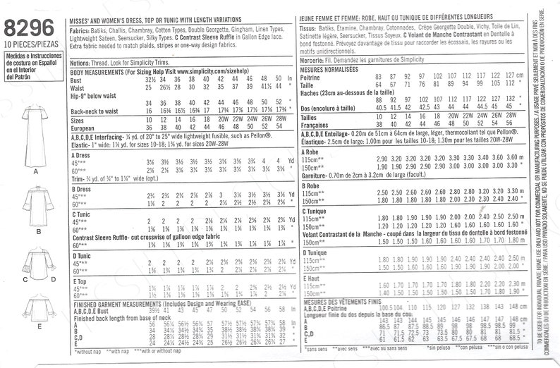 Uncut Simplicity Sewing Pattern 0629 8296 Blouse Dress Size - Etsy
