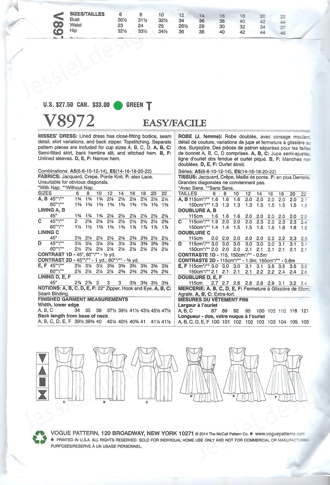 Uncut vogue sewing pattern 8972 Fitted Dresses with Flared or | Etsy