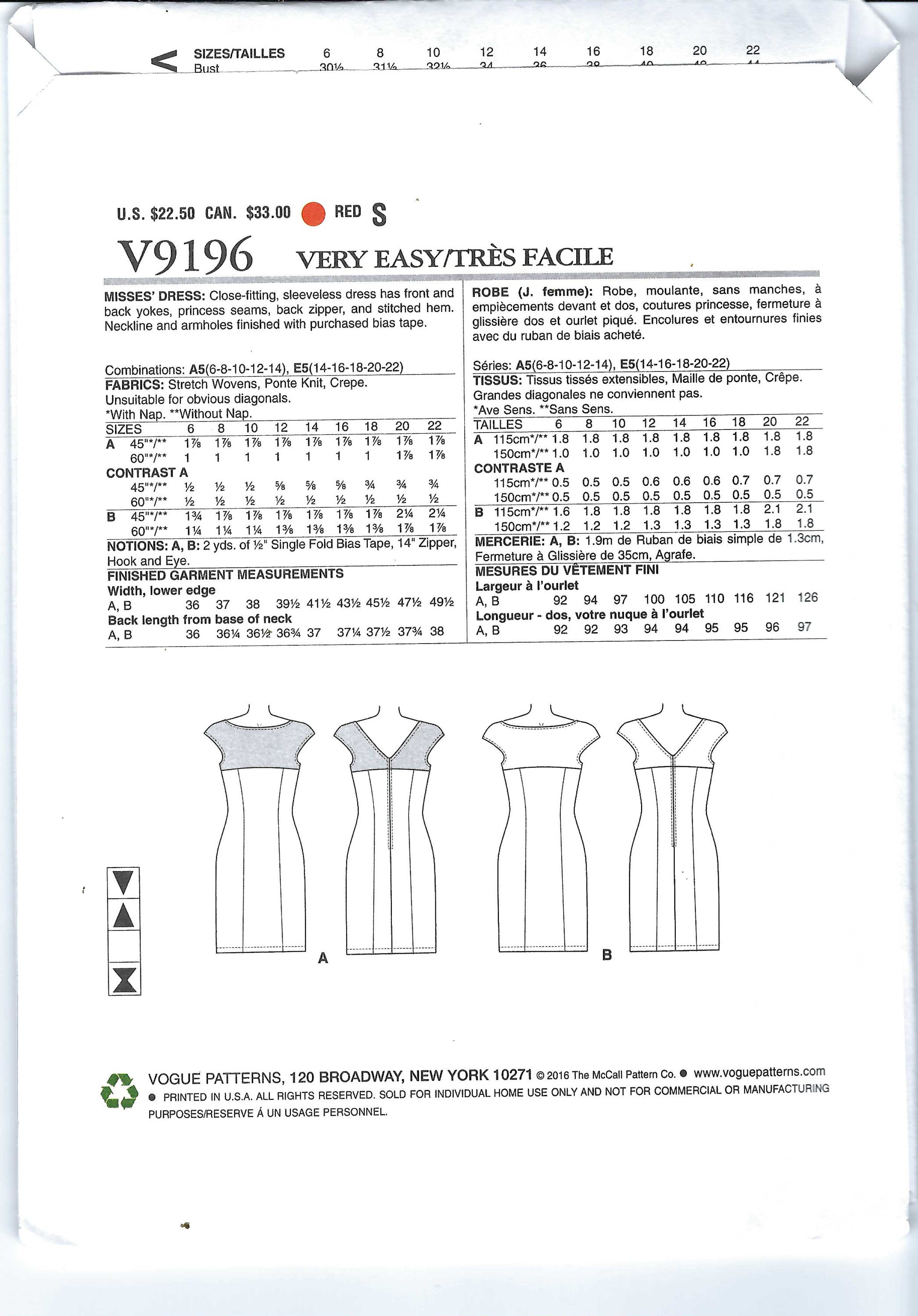 Uncut Vogue Sewing Pattern 9196 Size 6-14 or 14-22 Misses' Princess ...