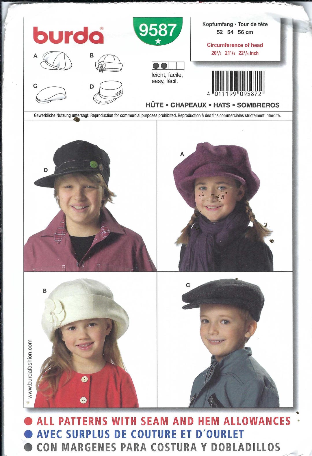 Uncut Burda Sewing Pattern 9587 Kid's Hat Cap With 4 Variations - Etsy